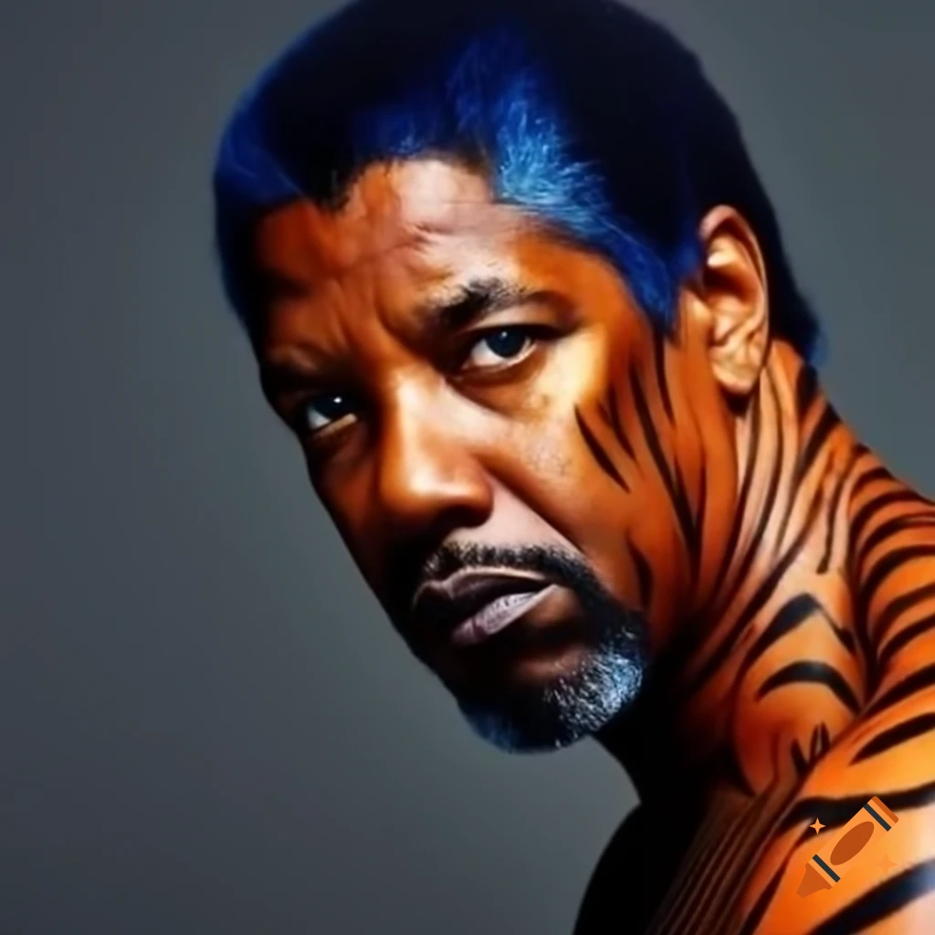 Muscular man with tiger-style makeup featuring blue hair and orange ...