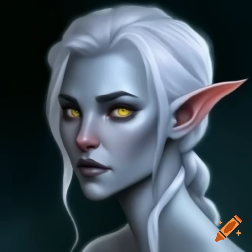 Elf woman with gray skin, white hair, and yellow eyes on Craiyon