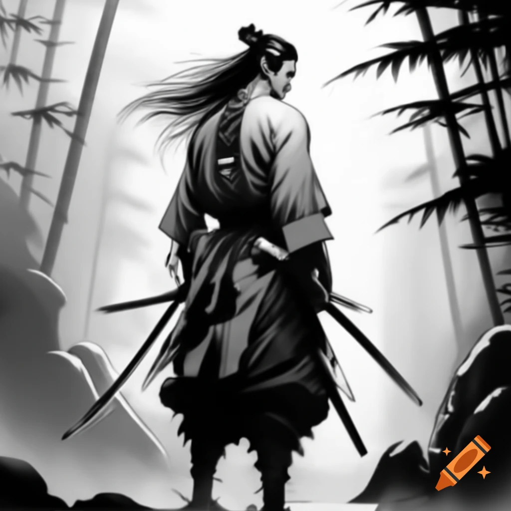 Detailed black and white ink illustration of a lone samurai in prayer pose with katana on Craiyon