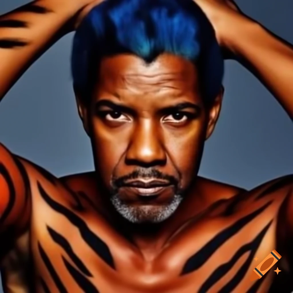 Muscular man with tiger-style makeup featuring blue hair and orange ...