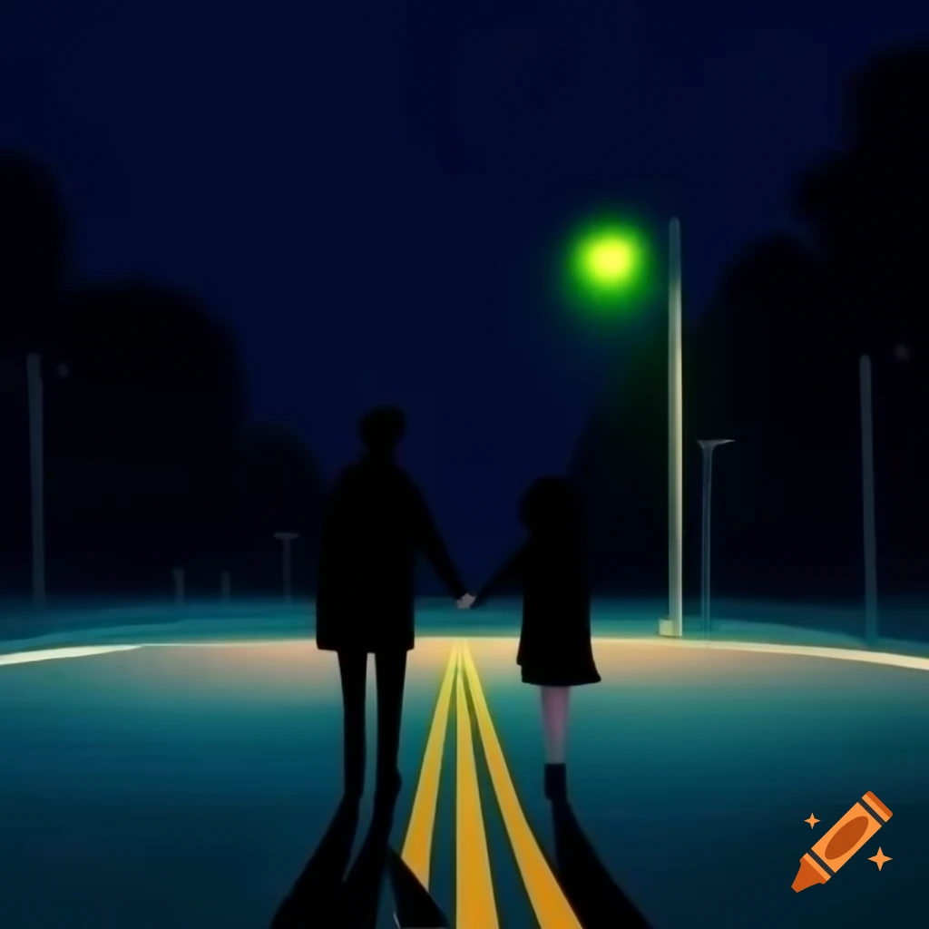 Silhouette of couple walking hand in hand on empty road at night, flickering street lamp on Craiyon