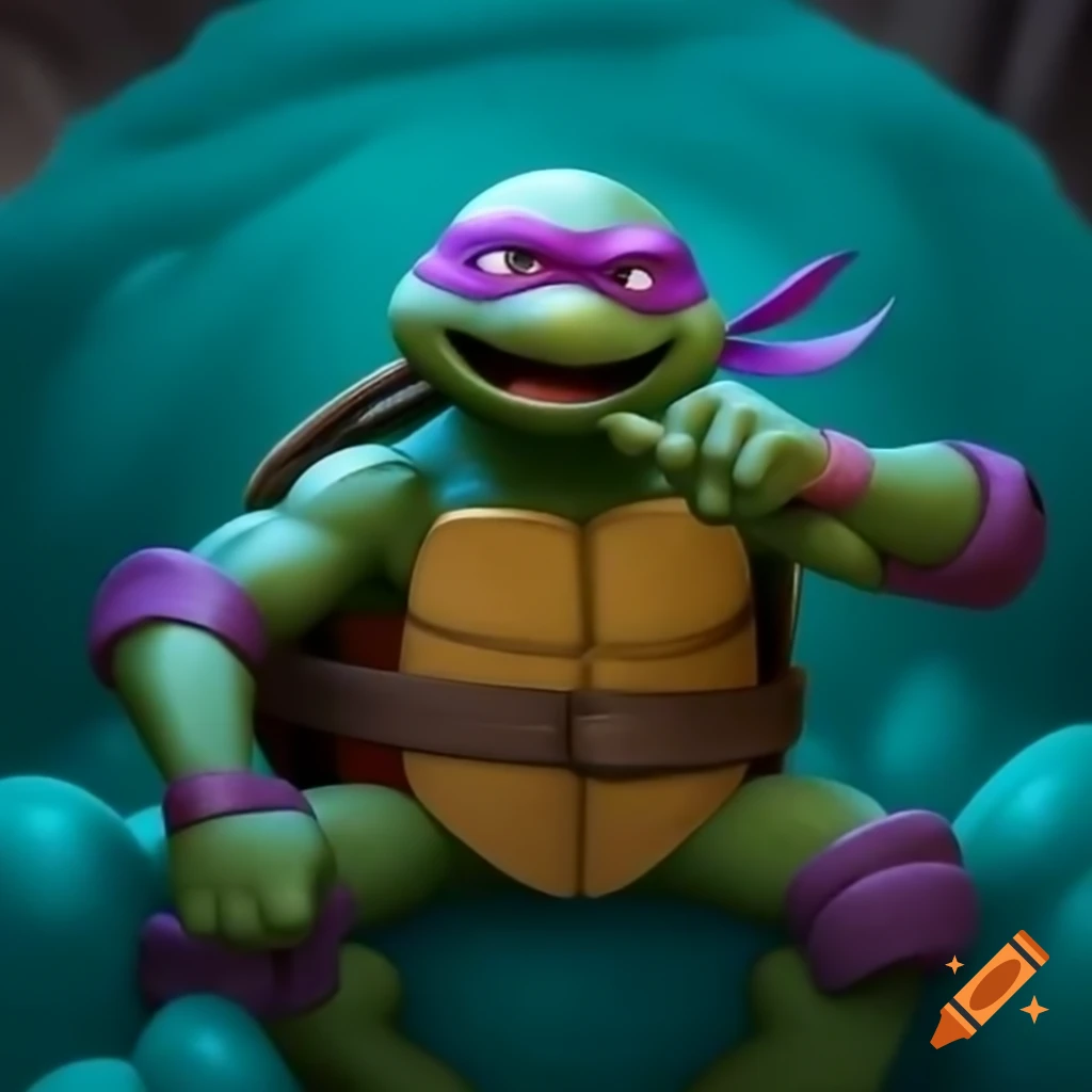 Donatello Ninja Turtle playfully trapped in a teal blob laughing on Craiyon