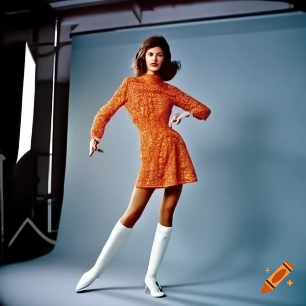 1960s supermodel in orange mini dress and white boots posing in studio ...