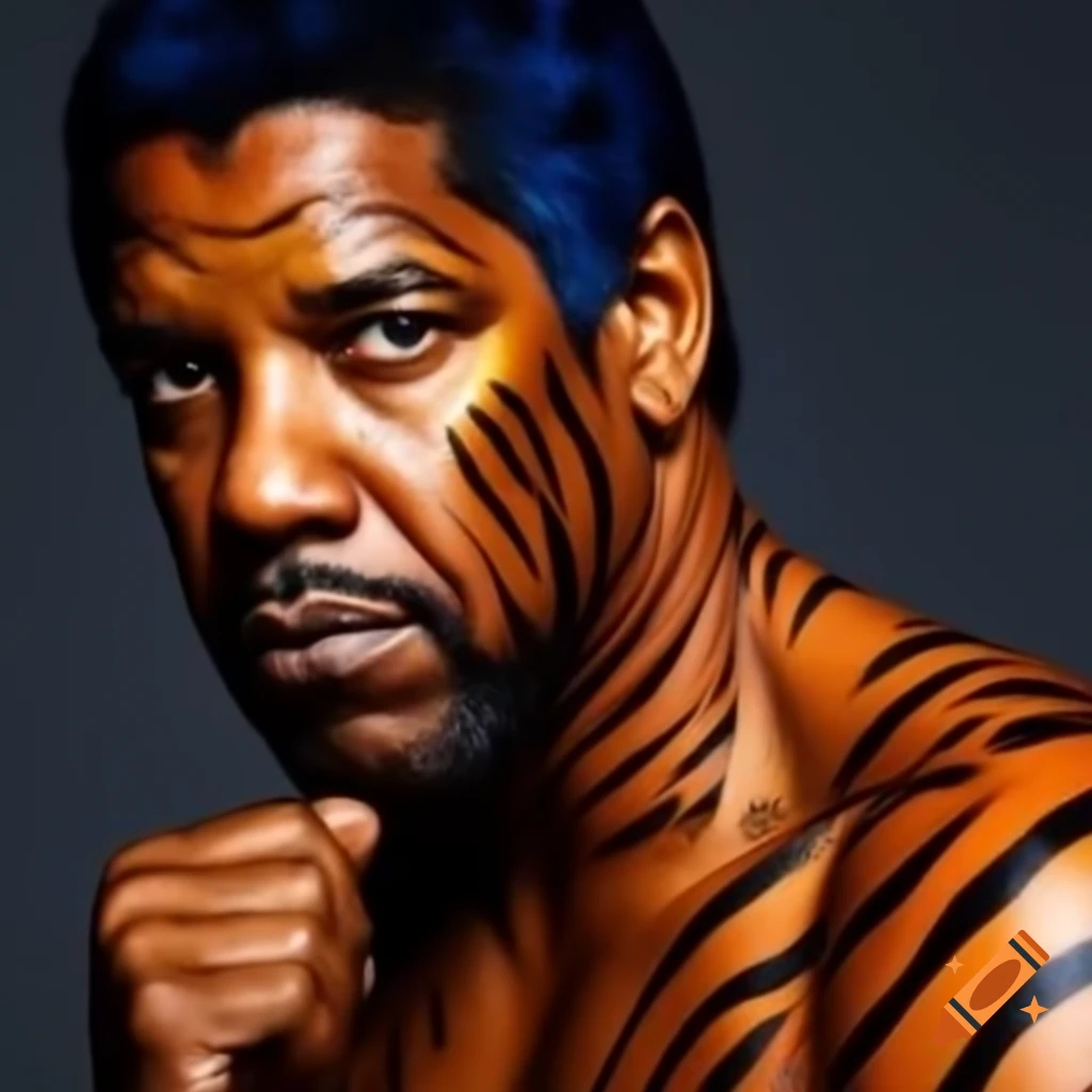 Muscular man with tiger-style makeup featuring blue hair and orange ...
