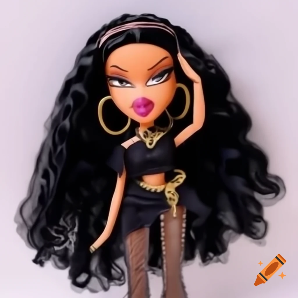Bratz-style fashion doll with glossy black curly hair and dramatic ...