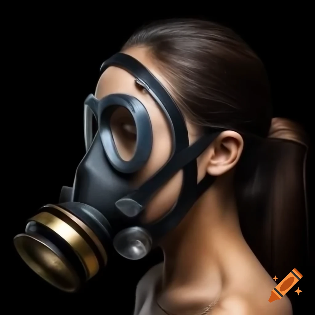 Woman's face wearing gas mask, viewed from the side on Craiyon