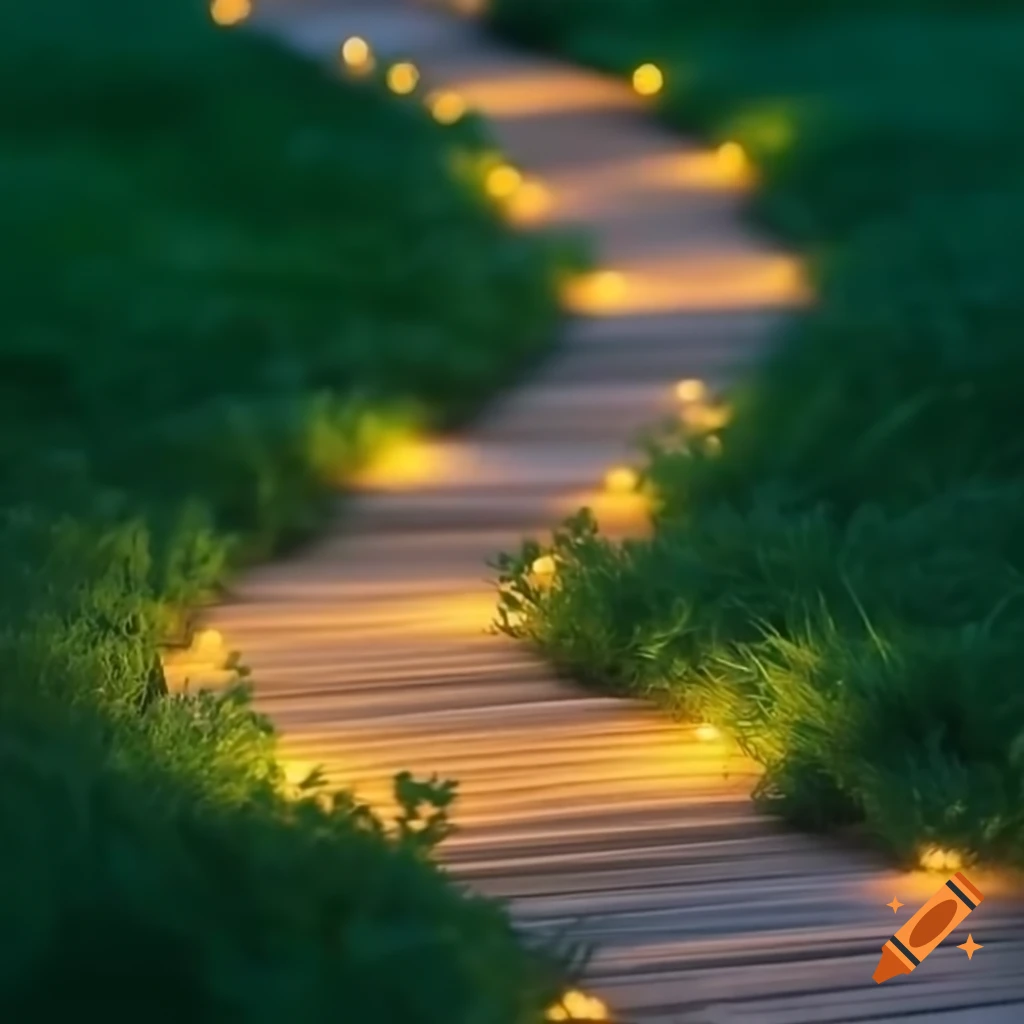Nature path lined with sparkling lights on both sides on Craiyon