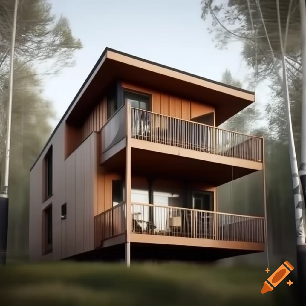 Modern two-story summer house in birch forest with natural wood ...