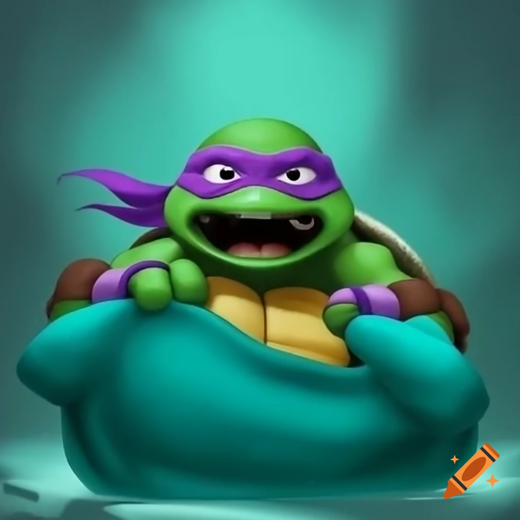 Donatello ninja turtle playfully struggling with large teal blob on Craiyon