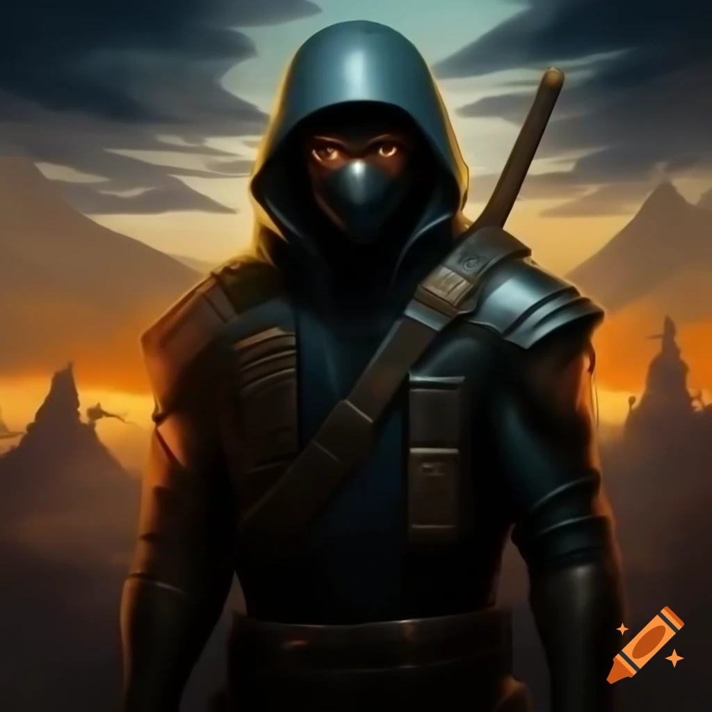Futuristic ninja warrior with twin swords against mountainside castle ...