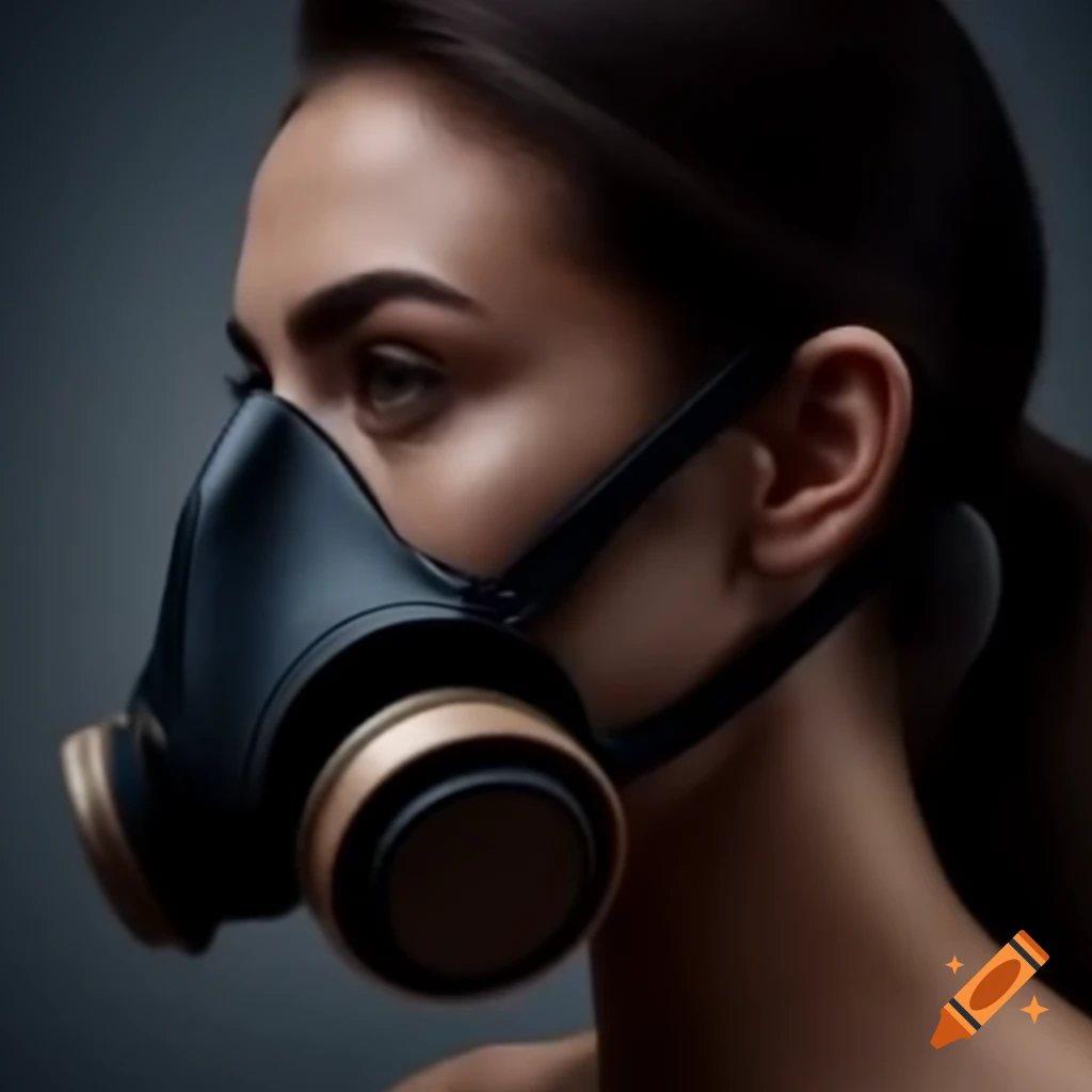 Woman's face wearing gas mask, viewed from the side on Craiyon