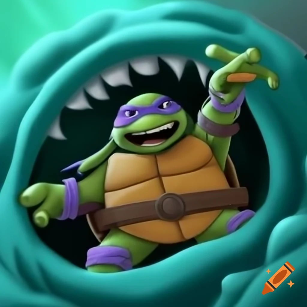 Donatello Ninja Turtle playfully struggling in teal blob with head and ...