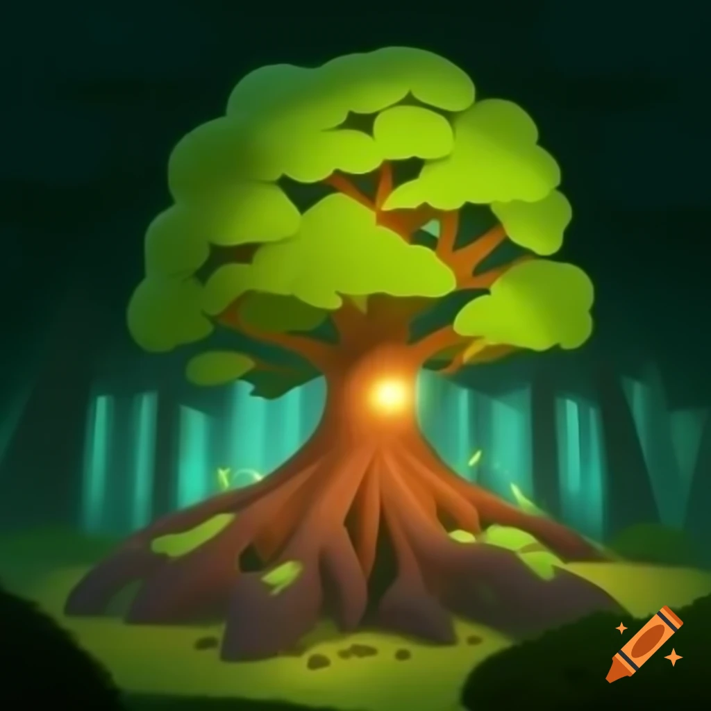 Magical cartoon tree with glowing leaves and thick roots, fantasy HD ...