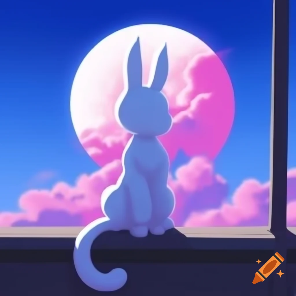 Feline or rabbit-like creature with blue accents sitting on ledge ...