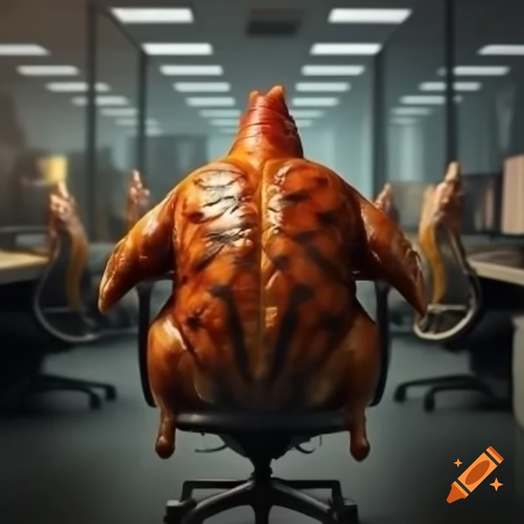 Office scene with grilled chicken on chairs on Craiyon