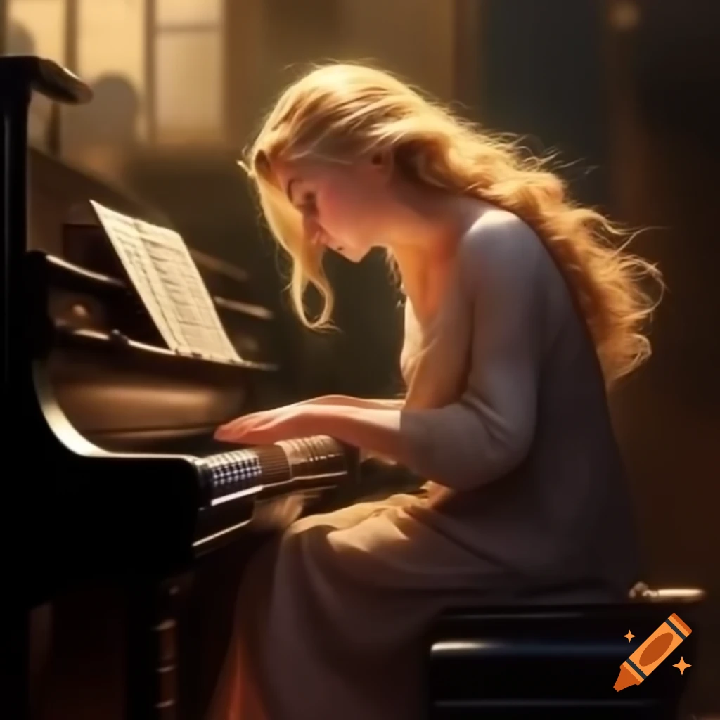 Beautiful blonde woman playing piano on a bright morning on Craiyon
