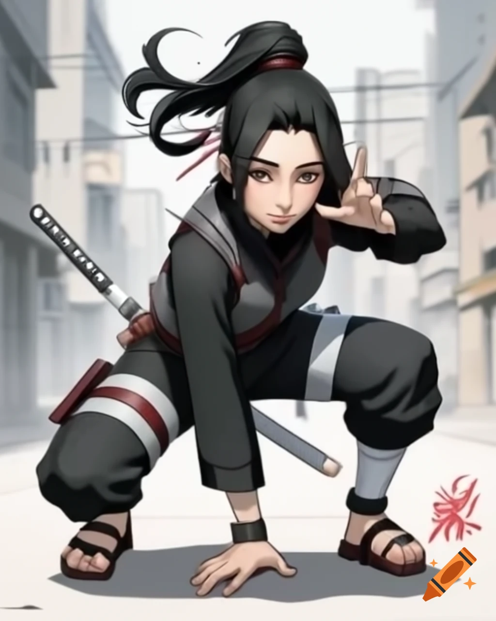 Ninja woman with ponytail and sandals playfully posing with dagger in ...