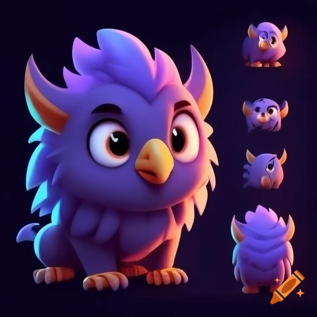 Cute cartoon Griffin character reference sheet with purple and blue ...