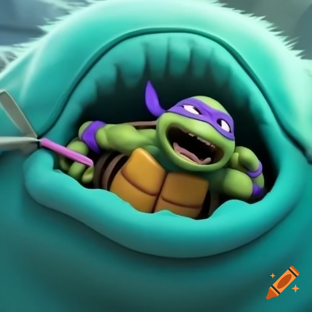 Donatello ninja turtle playfully struggling with teal blob, only head ...
