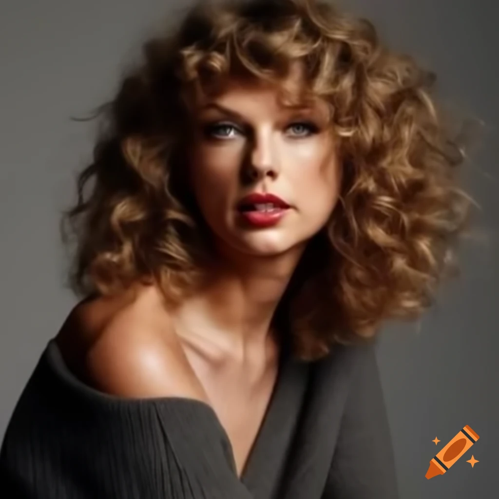 Taylor Swift with curly hair in gray off-the-shoulder sweater on Craiyon