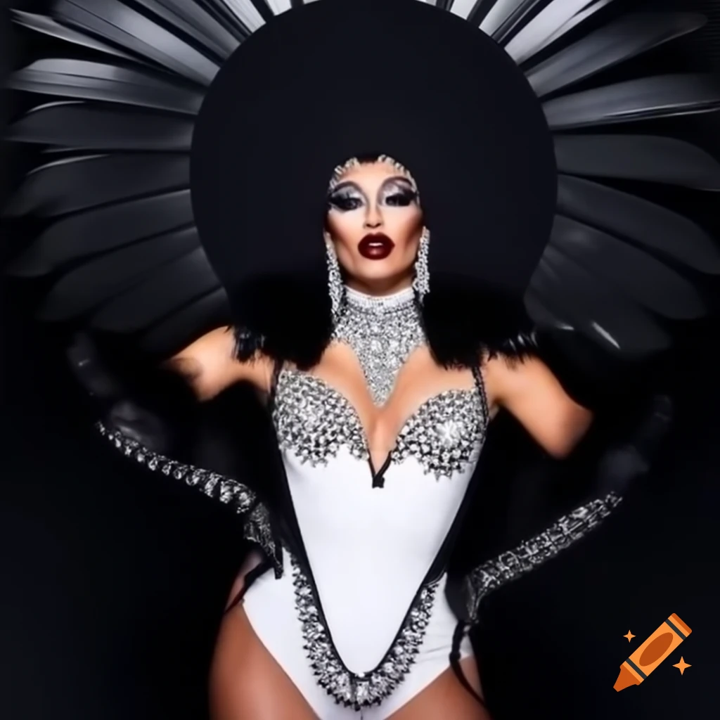 Promo look for drag queen Ivana Tip in a white showgirl bodysuit with crystals and black feather ...