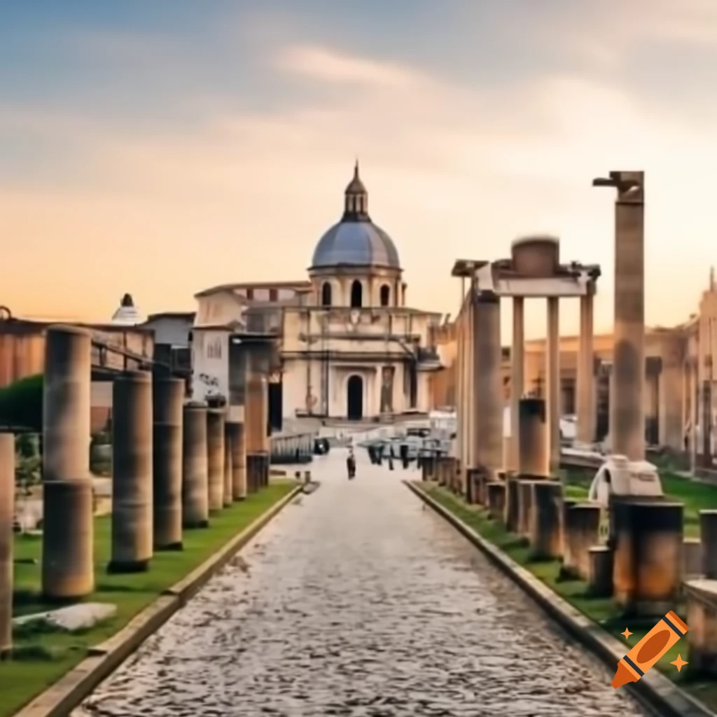 Ancient Roman city at sunrise with marble buildings and cobblestone ...