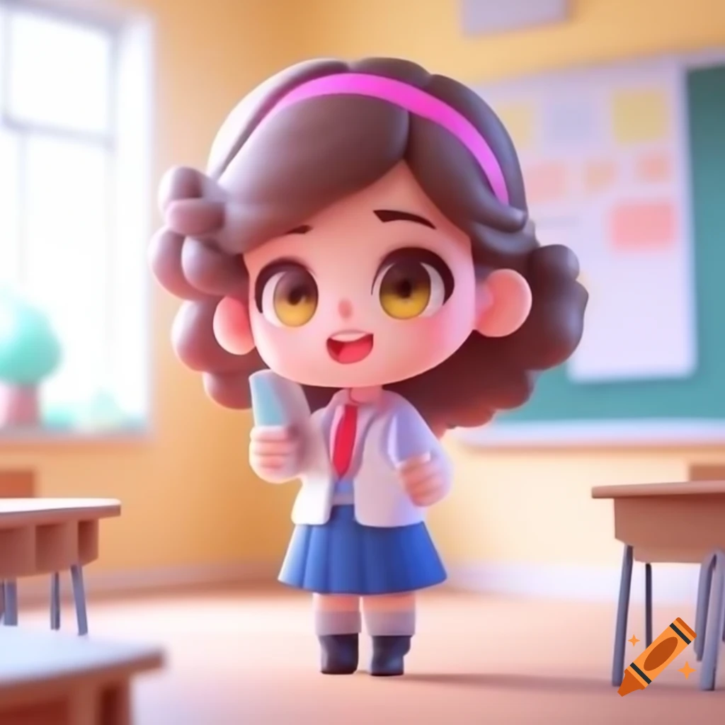 Cute chibi cartoon school student taking photo of colorful whiteboard ...