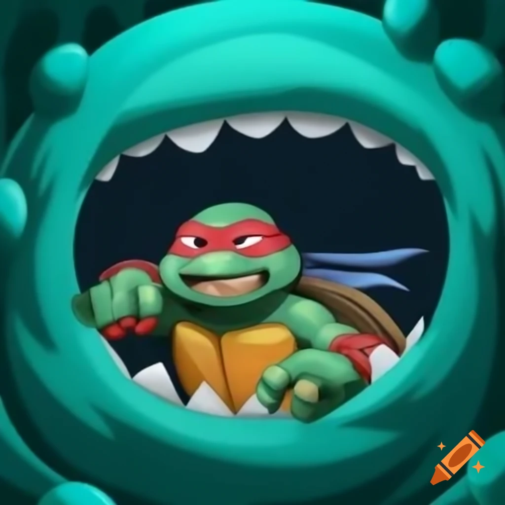 Donatello, the ninja turtle, playfully struggling in large teal blob ...