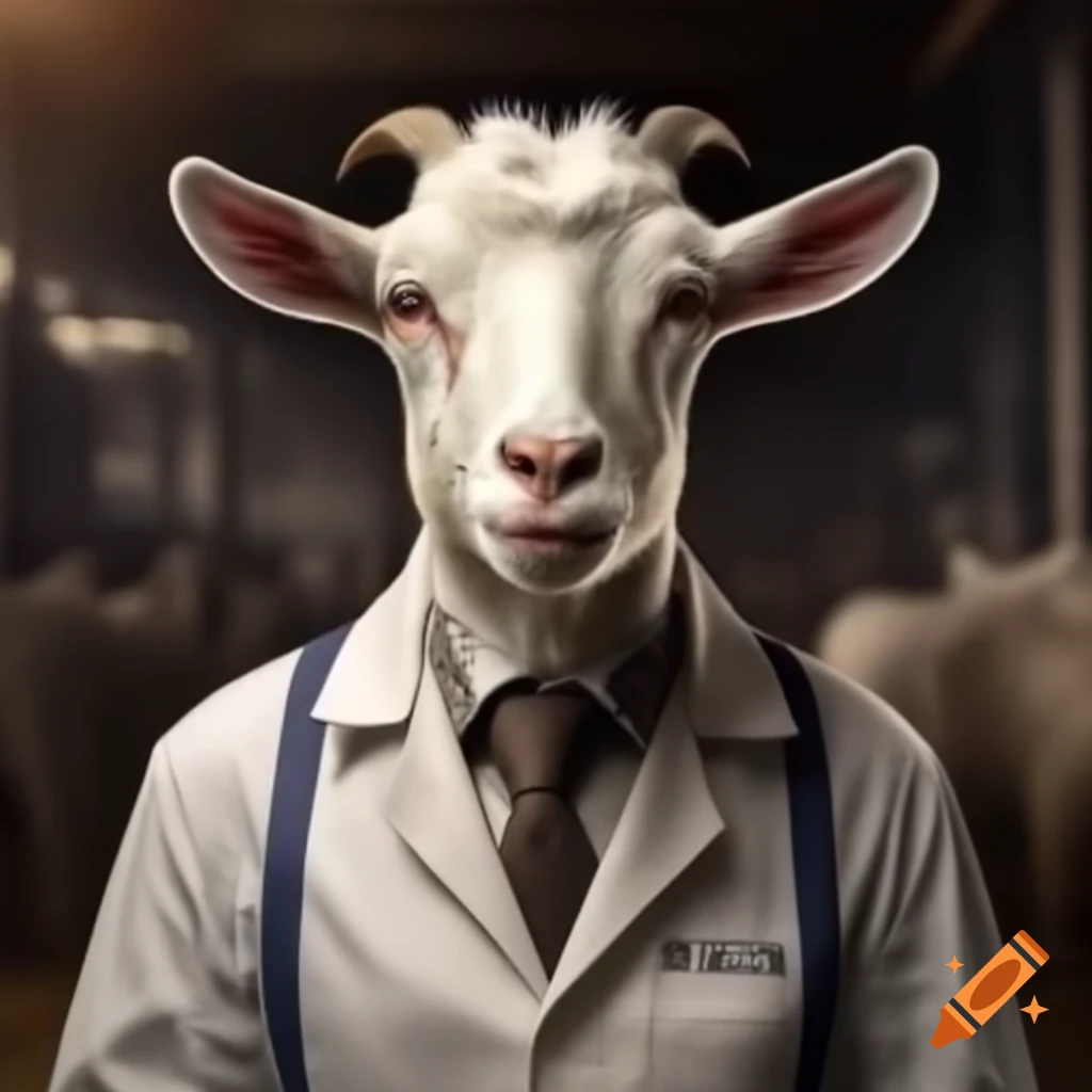 Goat dressed in white factory uniform on Craiyon
