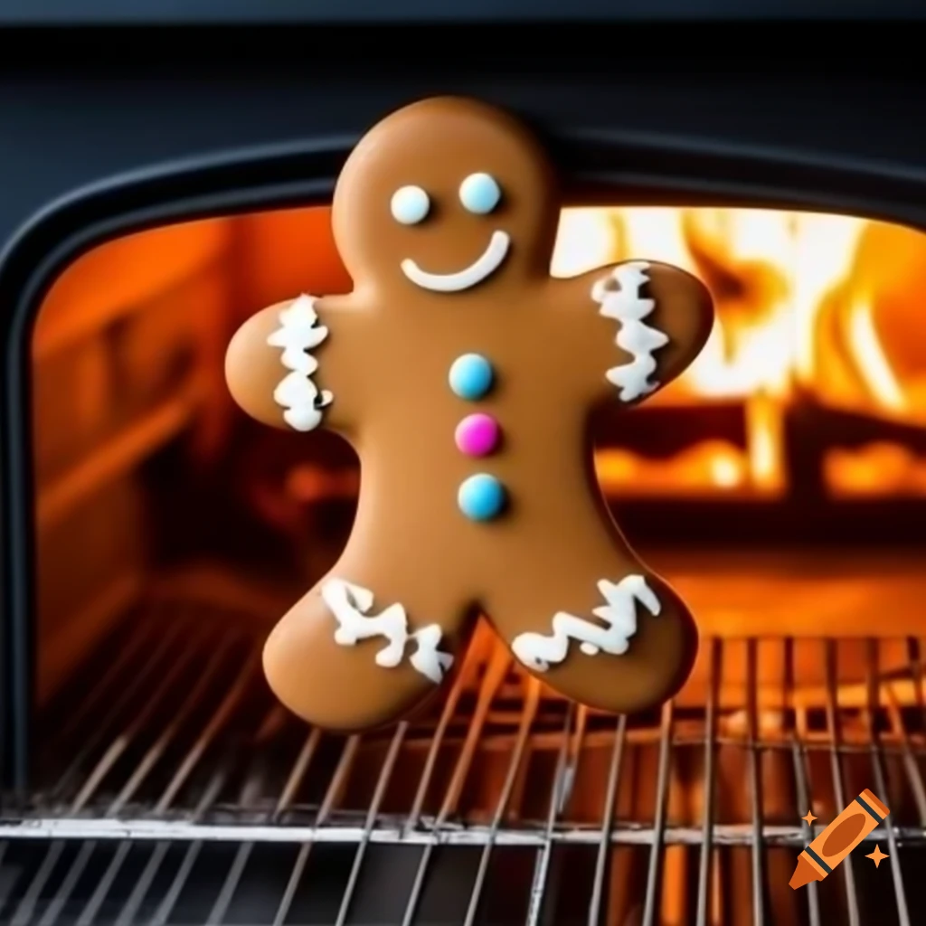 Gingerbread man jumping out of freshly baked oven on Craiyon