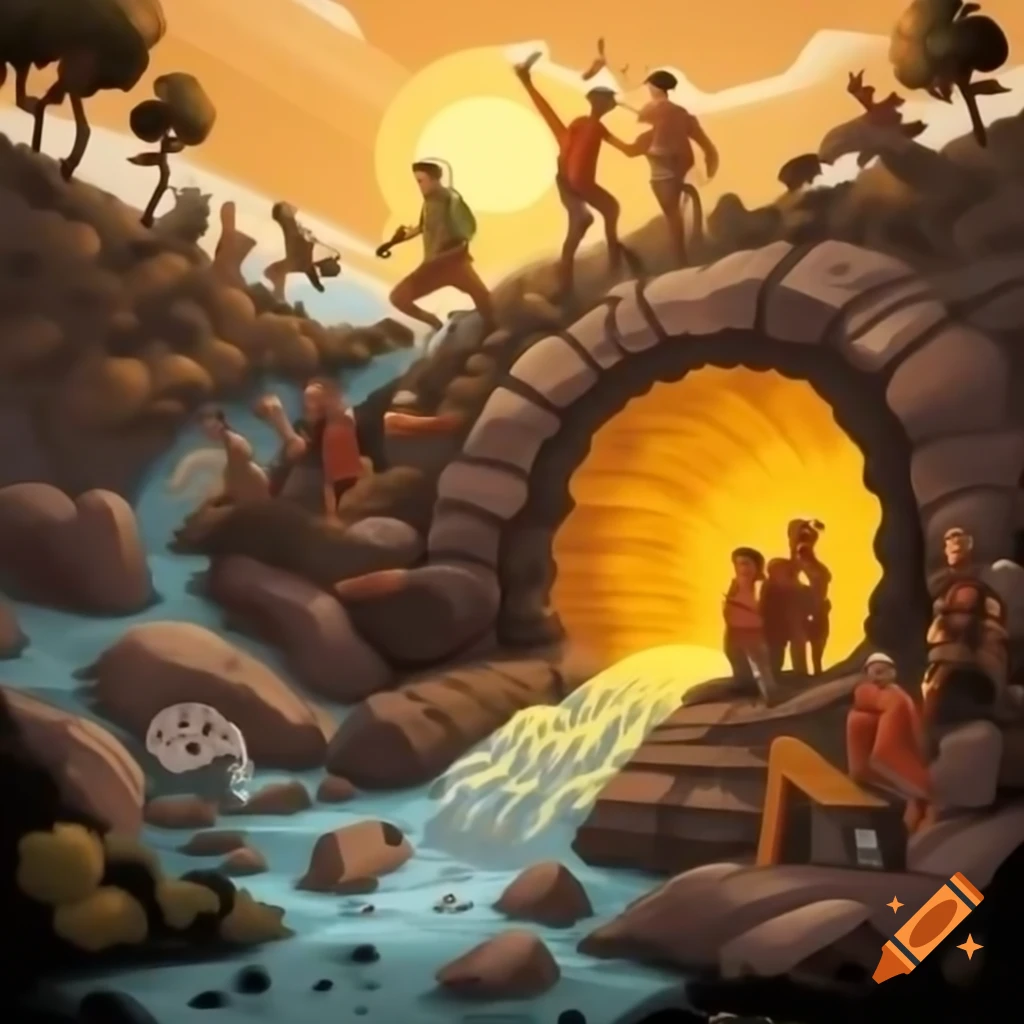 Diverse group of people entering glowing gold mine carved into rocky ...