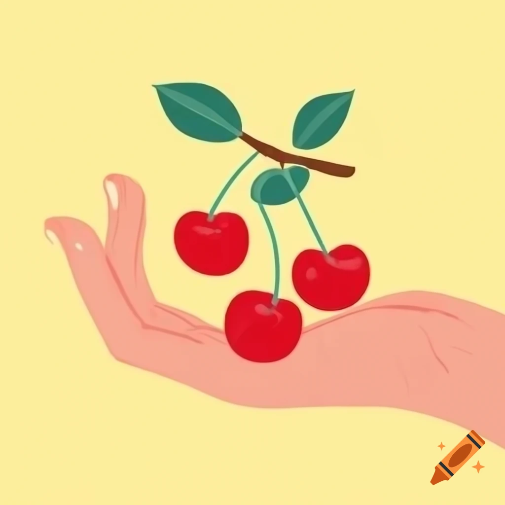 Cartoon hand holding bright red cherries with cracked pits on yellow ...