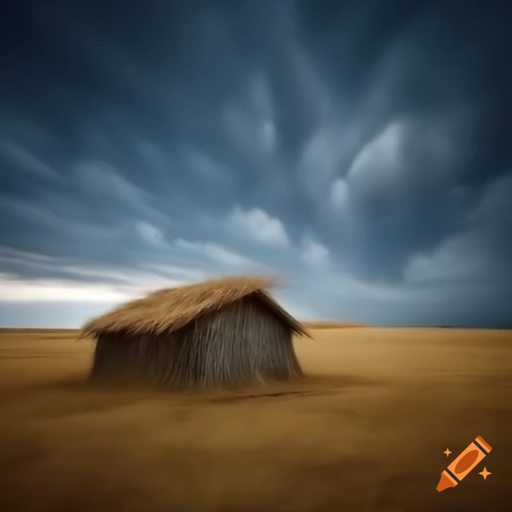 Straw cabin in fields with dark clouds in the distance on Craiyon