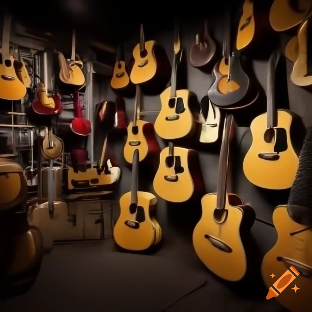 Exploded electric and acoustic guitars in front of Marshall stack wall ...