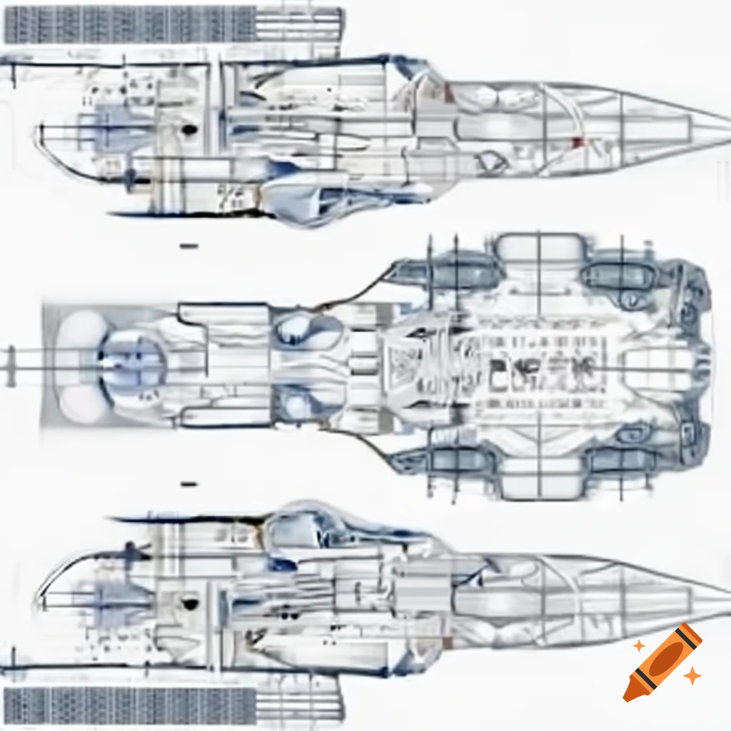 Blueprint wireframe schematics of a futuristic space frigate with detailed layout on Craiyon