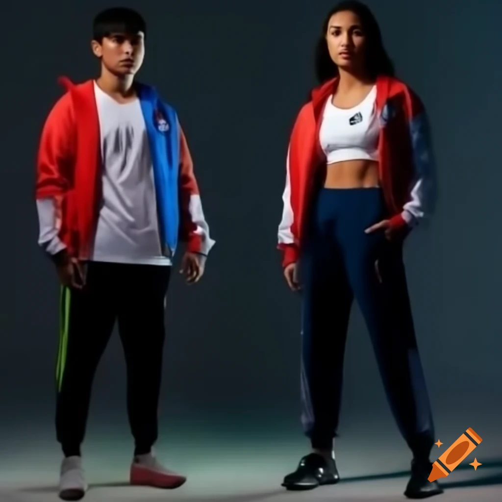 Filipino male and female models in sports outfits on track field on Craiyon