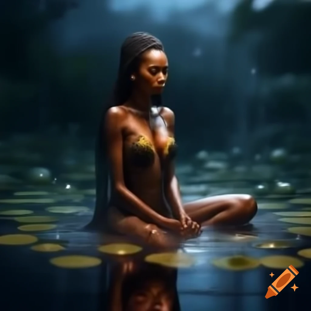 African American siren in moonlit rain kneeling in water with glowing lotus petals on Craiyon