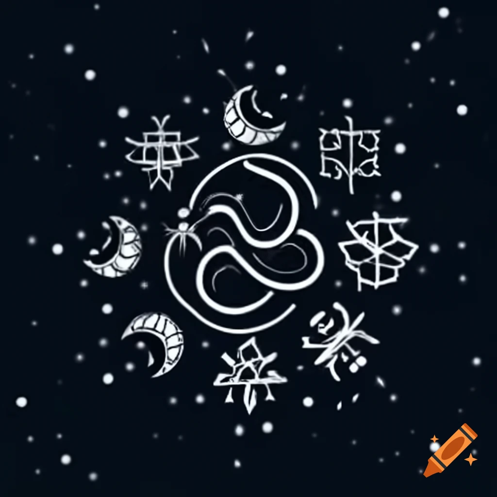 Line art illustration of snake and moon symbols surrounded by stars and ...