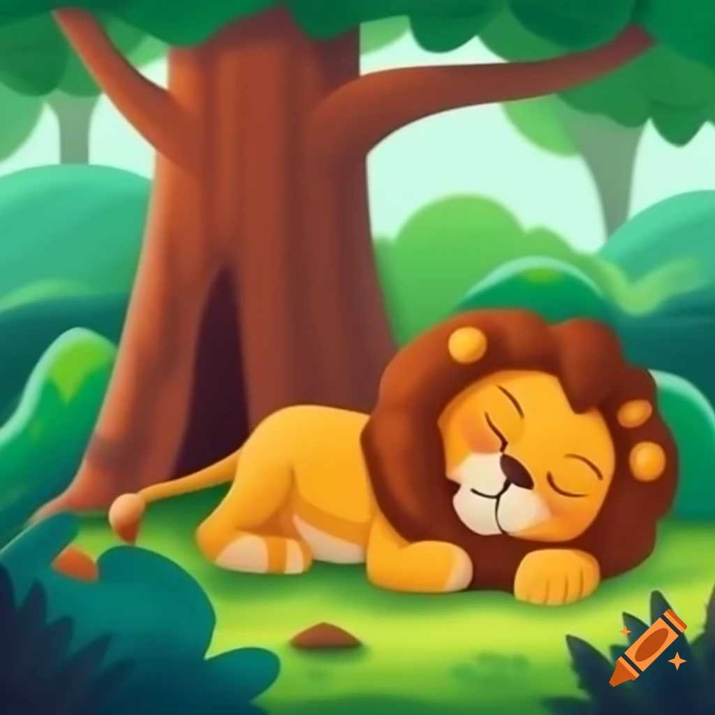 Cartoon lion sleeping under tree in colorful jungle, kids storybook ...