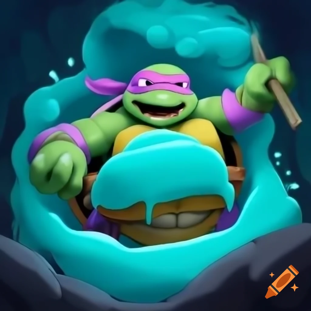 Donatello Ninja Turtle trapped in turquoise slime with determined expression on Craiyon