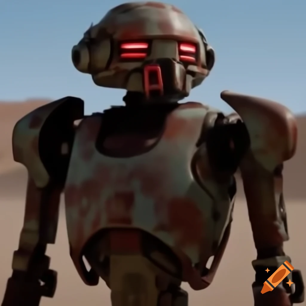 Tactical bipedal droid with rust and red glowing eyes in desert area on Craiyon