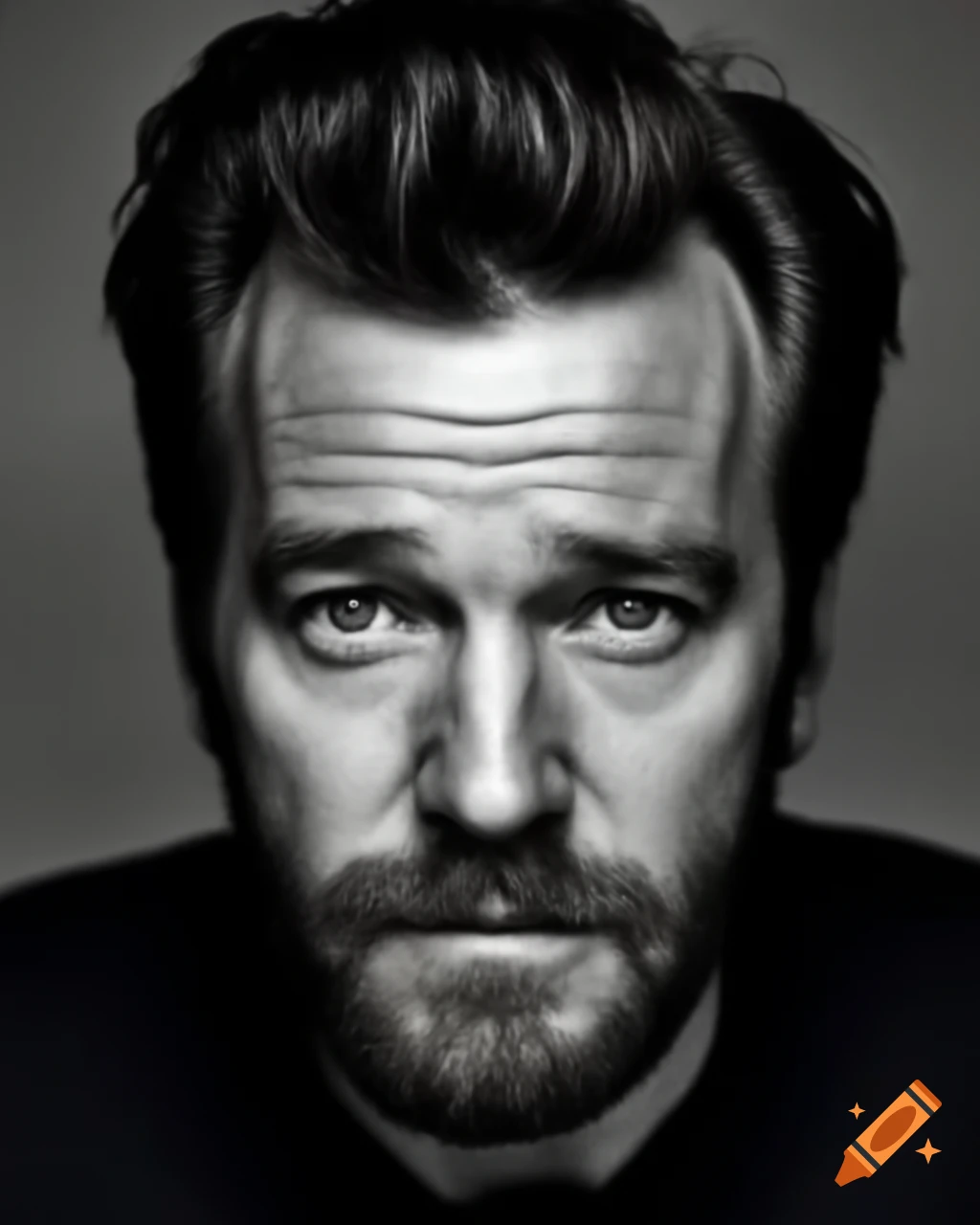 Portrait of an American actor in their 30s with buzz cut, resembling ...