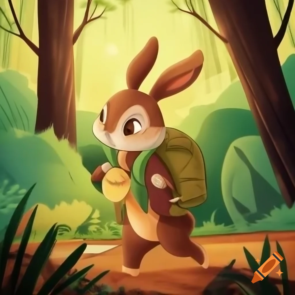 Confident rabbit with basket and turtle with backpack on forest path in ...