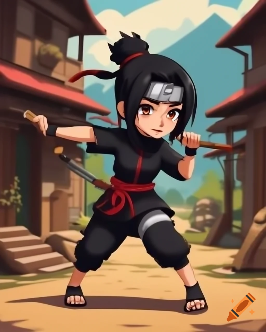 Ninja woman with ponytail posing with dagger in village on Craiyon