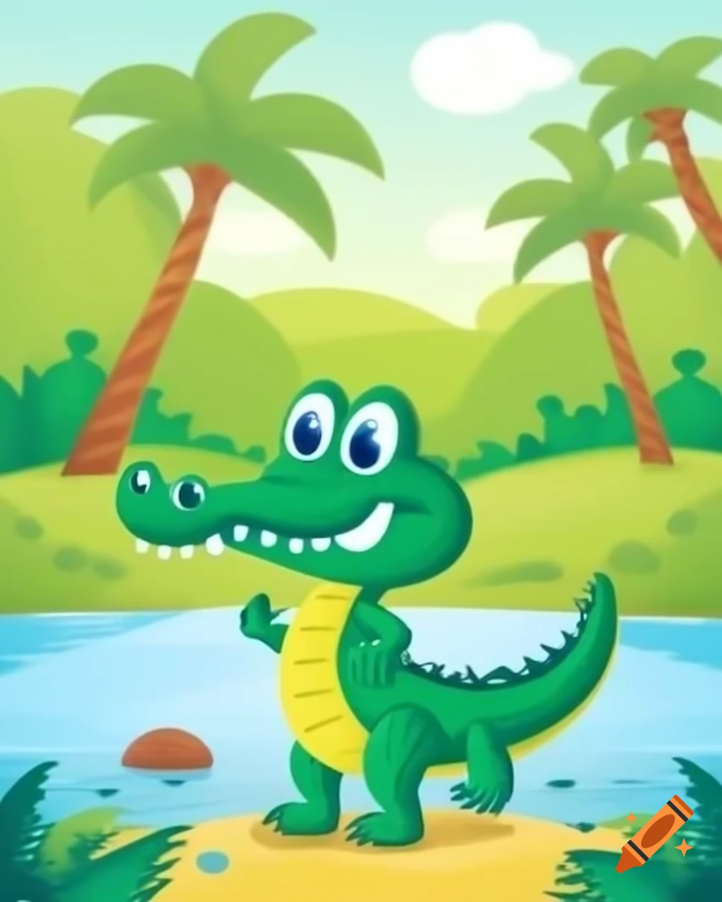 Cartoon alligator smiling by riverbank in colorful jungle on Craiyon