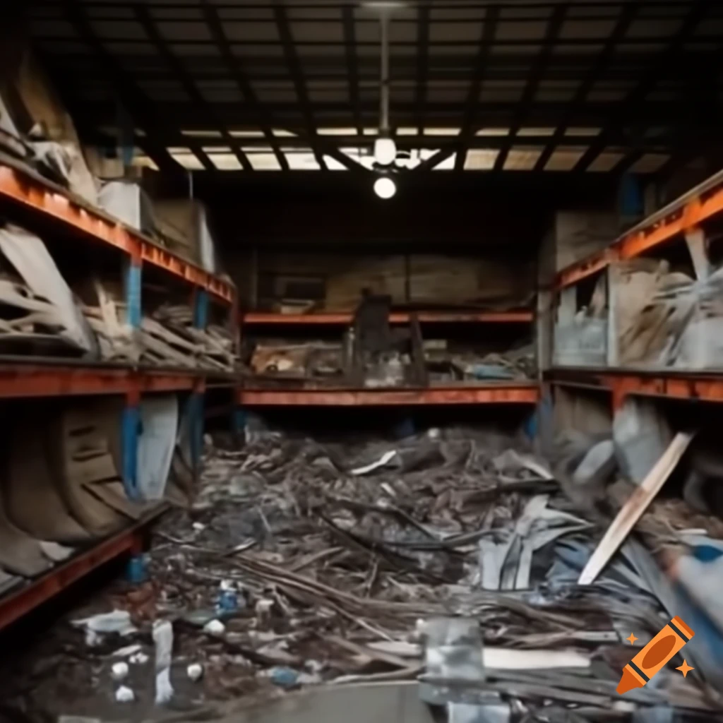 Storage shed filled with shelves of junk and scrap metal on Craiyon