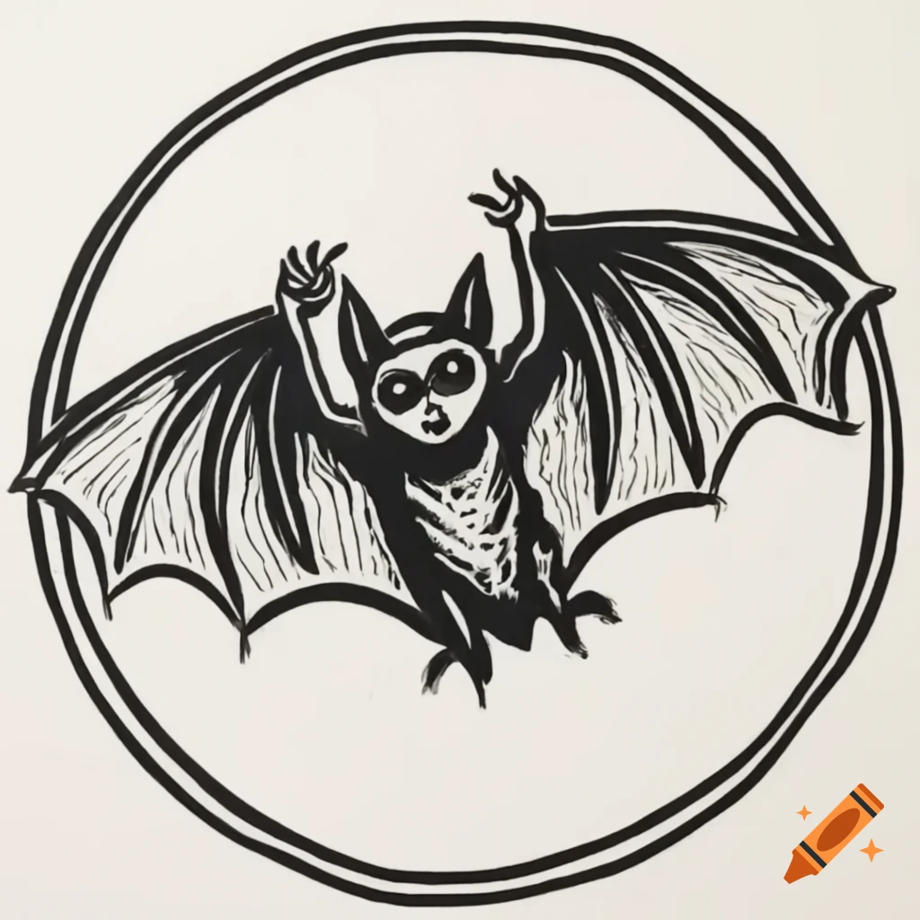 Linocut of stylized bat in medieval art style with round shapes on Craiyon