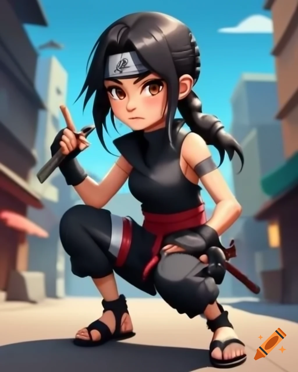 Ninja woman with ponytail and sandals playfully posing with dagger in ...