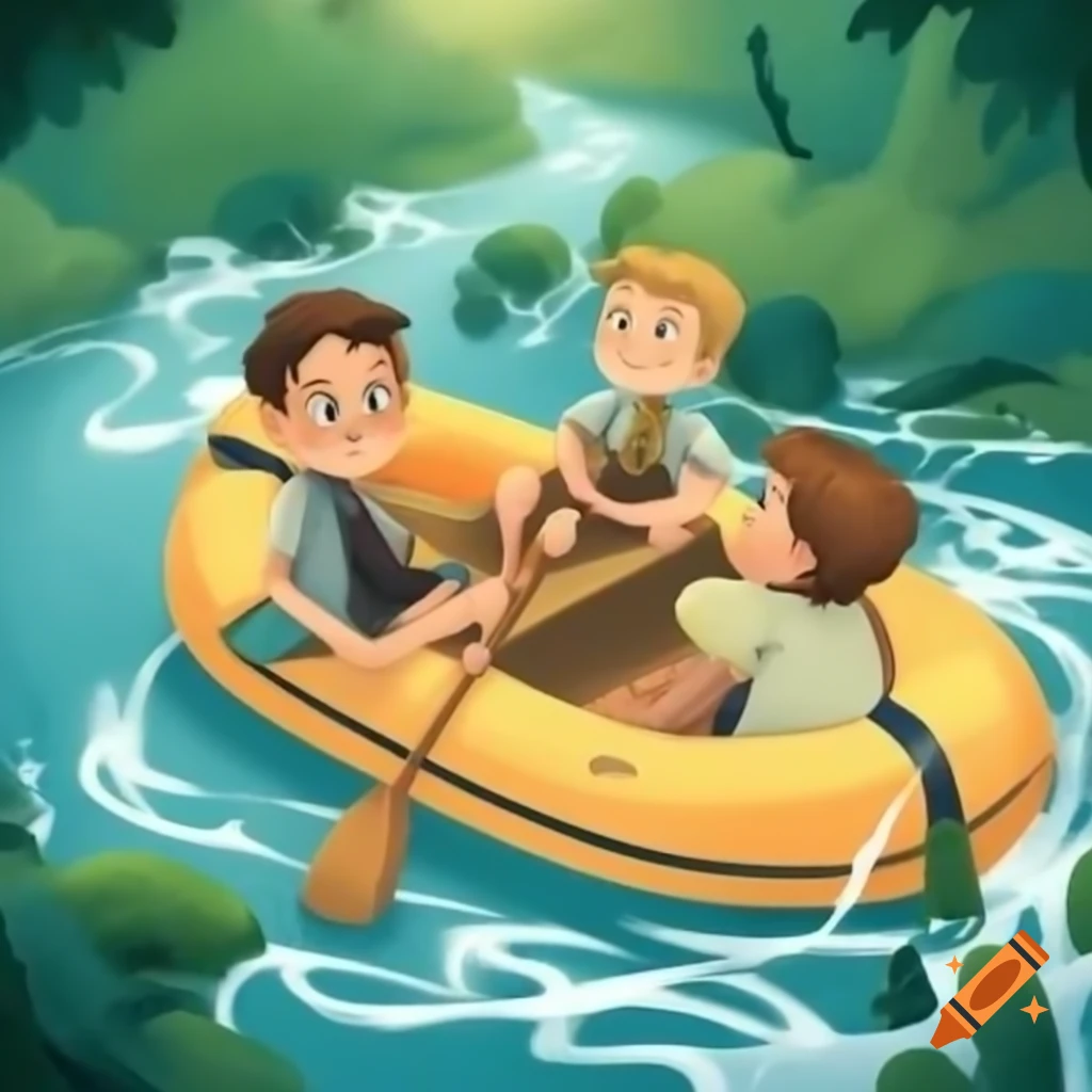 Three men enjoying inflatable boat ride down river on Craiyon