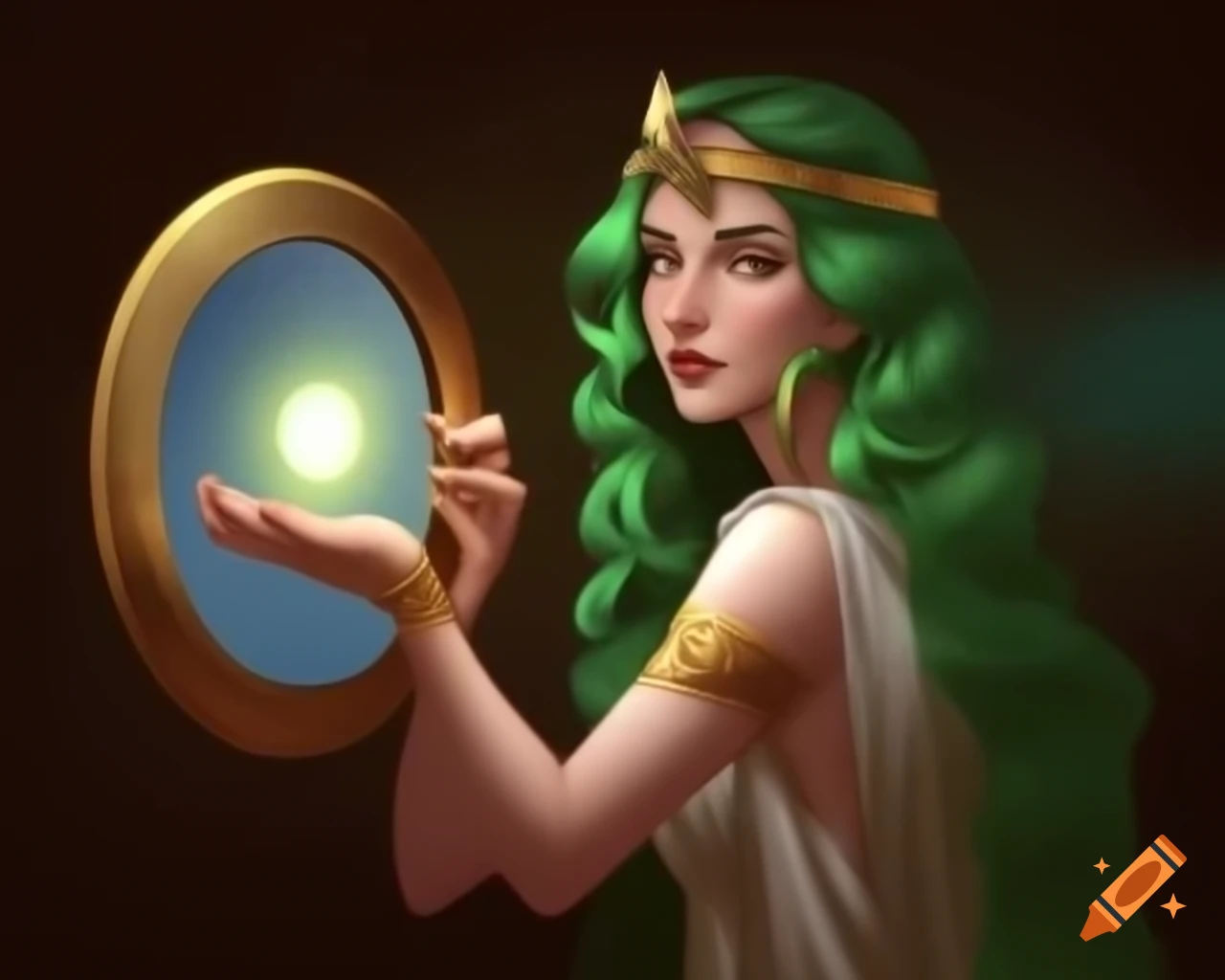 Woman with green hair holding mirror, inspired by Greek goddess Athena in cosplay on Craiyon